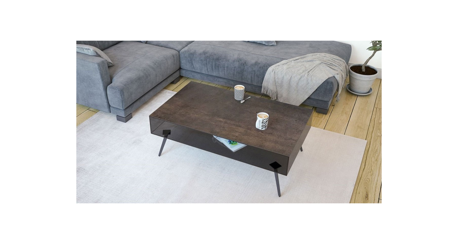 Table basse design en verre et plateau céramique marron foncé Détroit