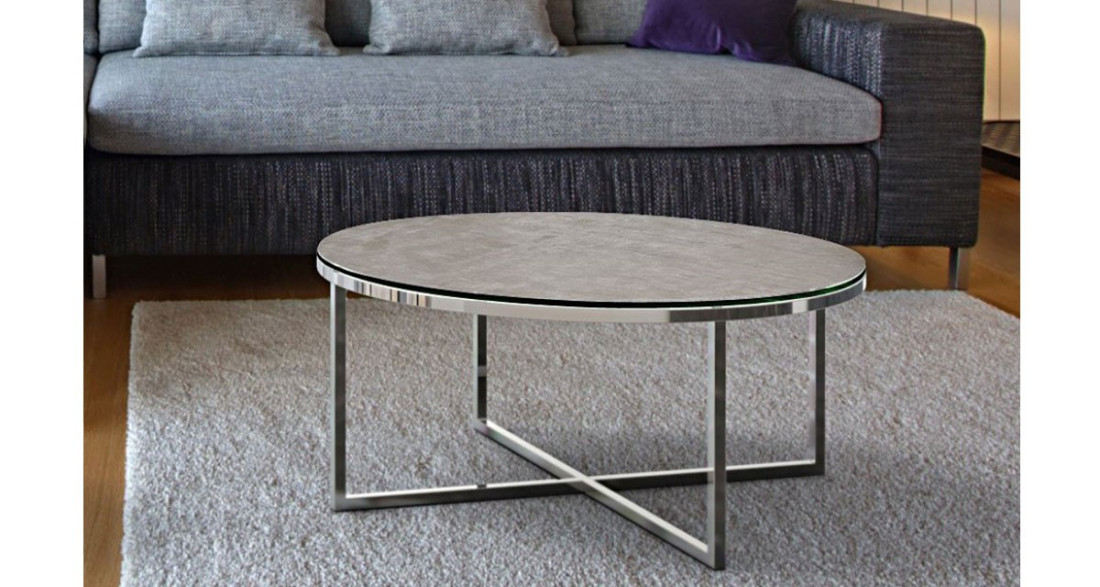 Table basse ronde 90 cm plateau verre et pieds en croix métal Nyna
