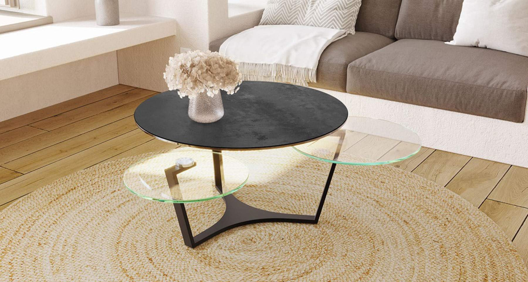 Table basse plateau rond diamètre 90 cm au design contemporain Clayette
