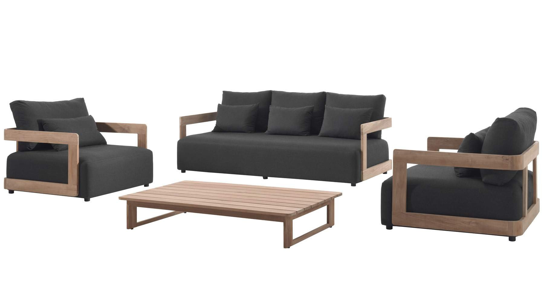 Salon de jardin en tissu noir et teck massif haut de gamme Rafa