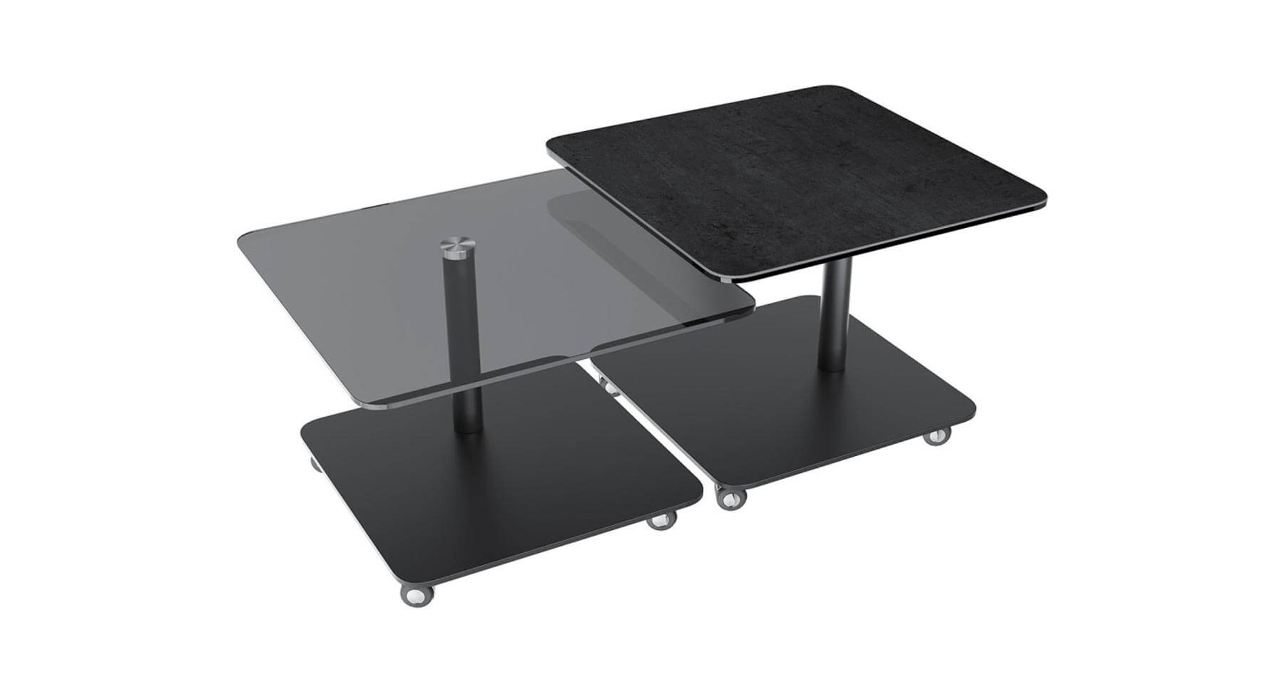 Table basse design en verre ou céramique à roulettes Spatial