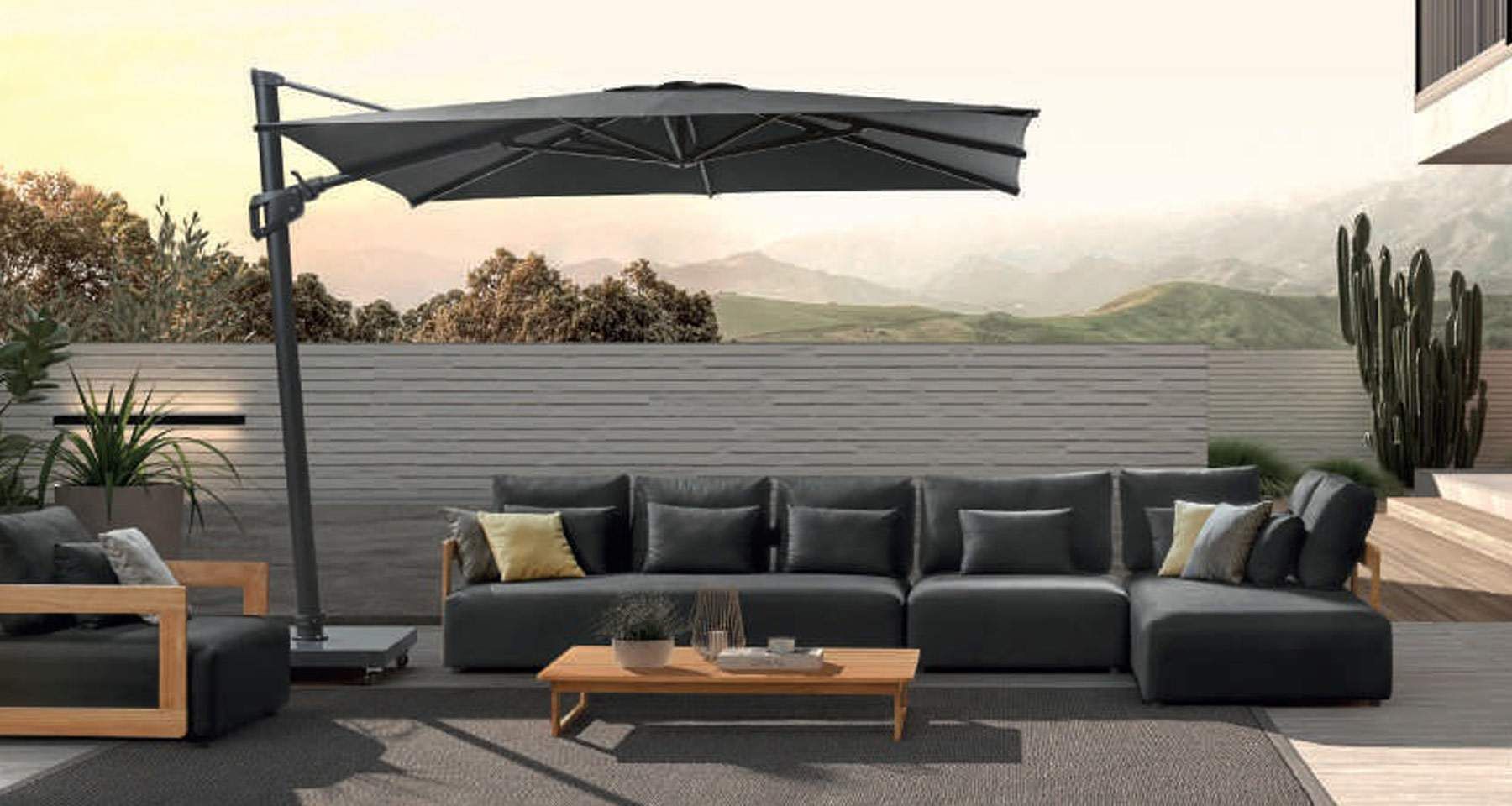 Parasol déporté 3x3, 4x3 haut de gamme Miami + pied en granite 120 kg