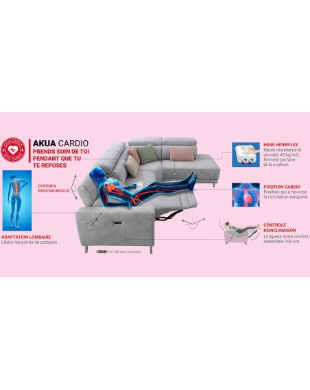 Canapé d'angle relax électrique moelleux densité 45 kg/m3 Akoya