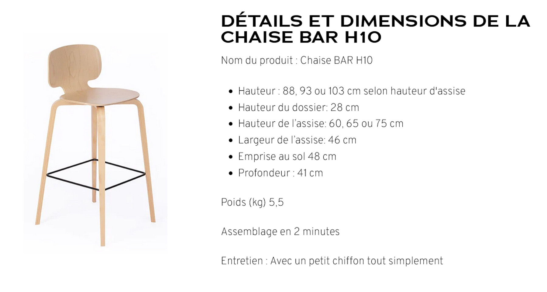 Chaise de bar 100% française - Hêtre naturel ou vernis - Bar H10