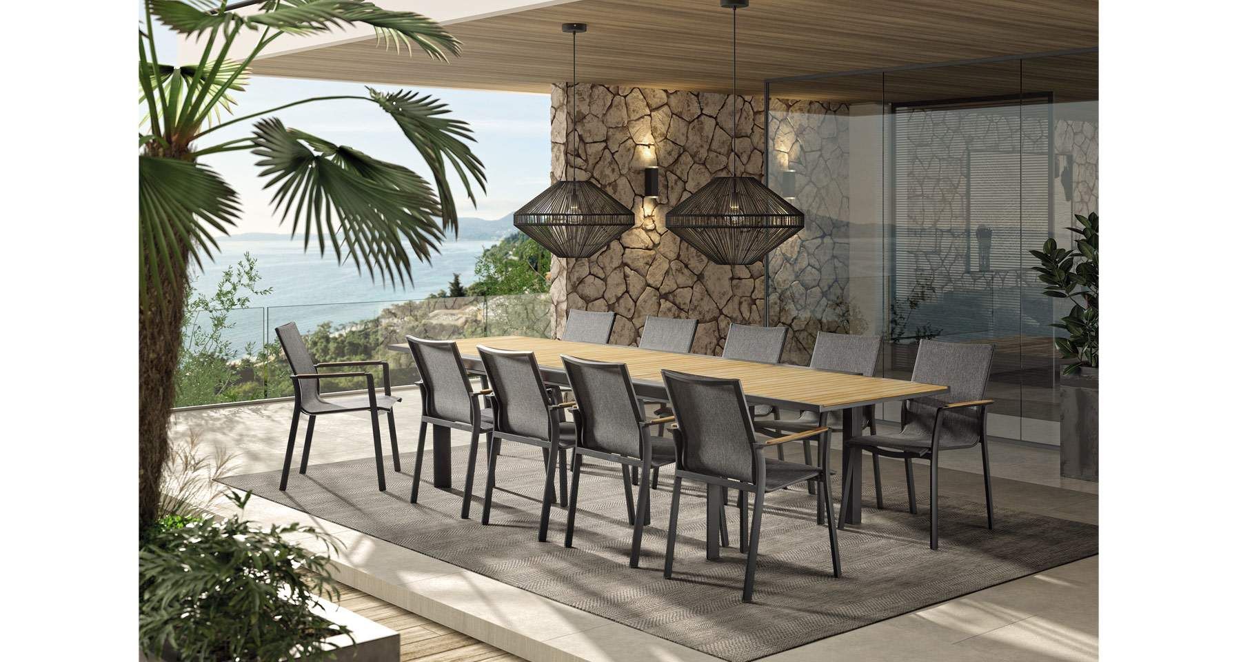 Grande table de jardin extensible en teck naturel 220 à 340 cm Porto