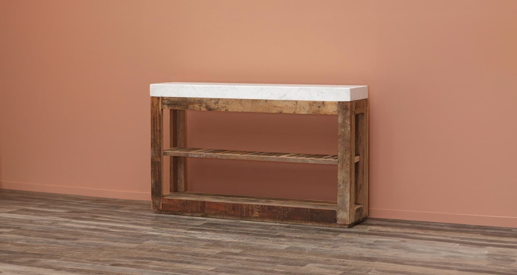 Console rustique chic en bois recyclé et marbre blanc - Chehoma