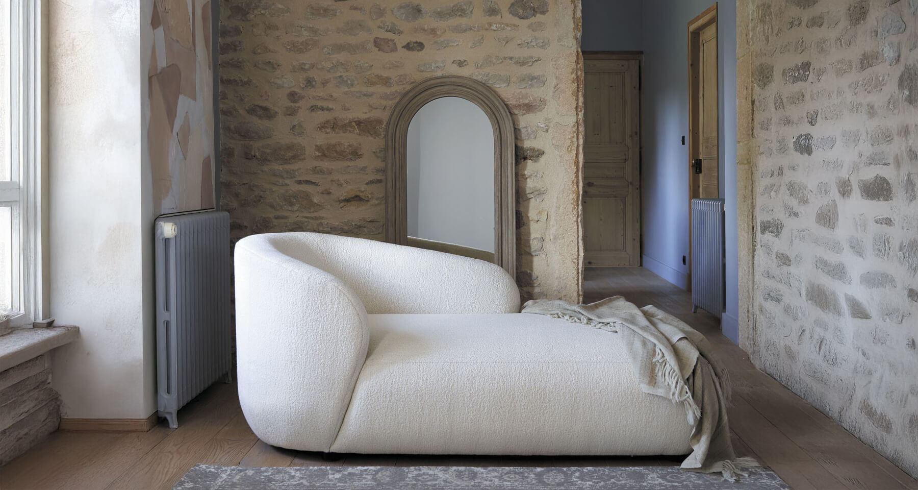 Méridienne avec tissu à bouclettes couleur crème Lisette