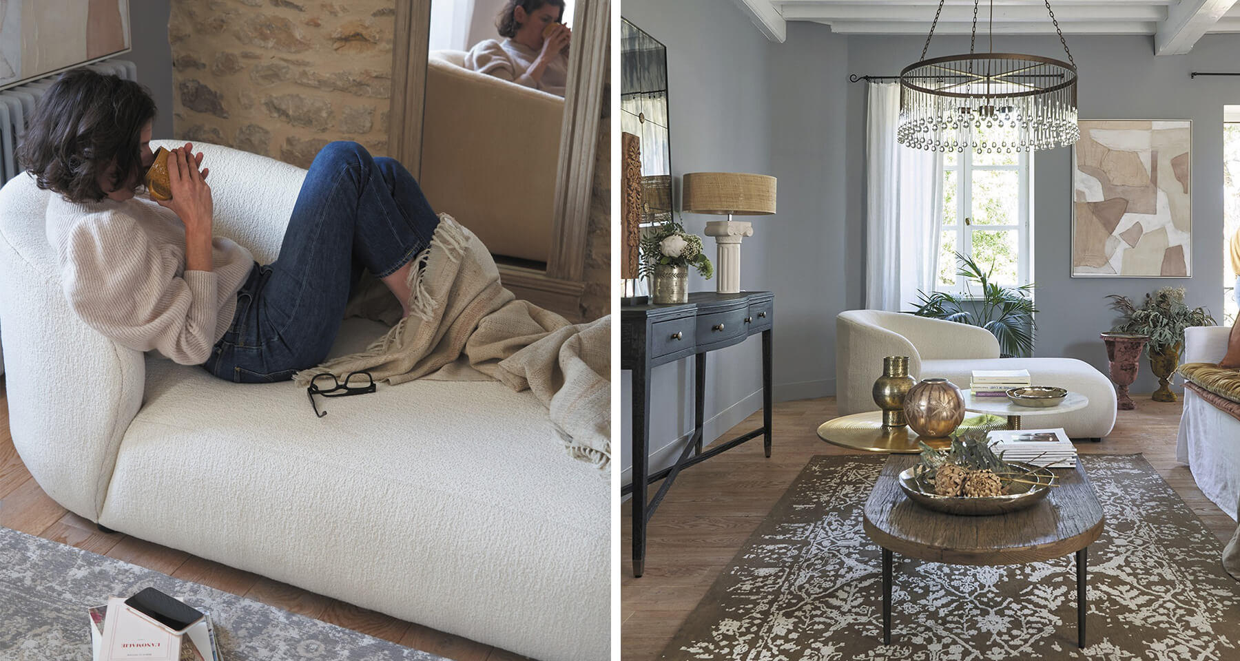 Méridienne avec tissu à bouclettes couleur crème Lisette