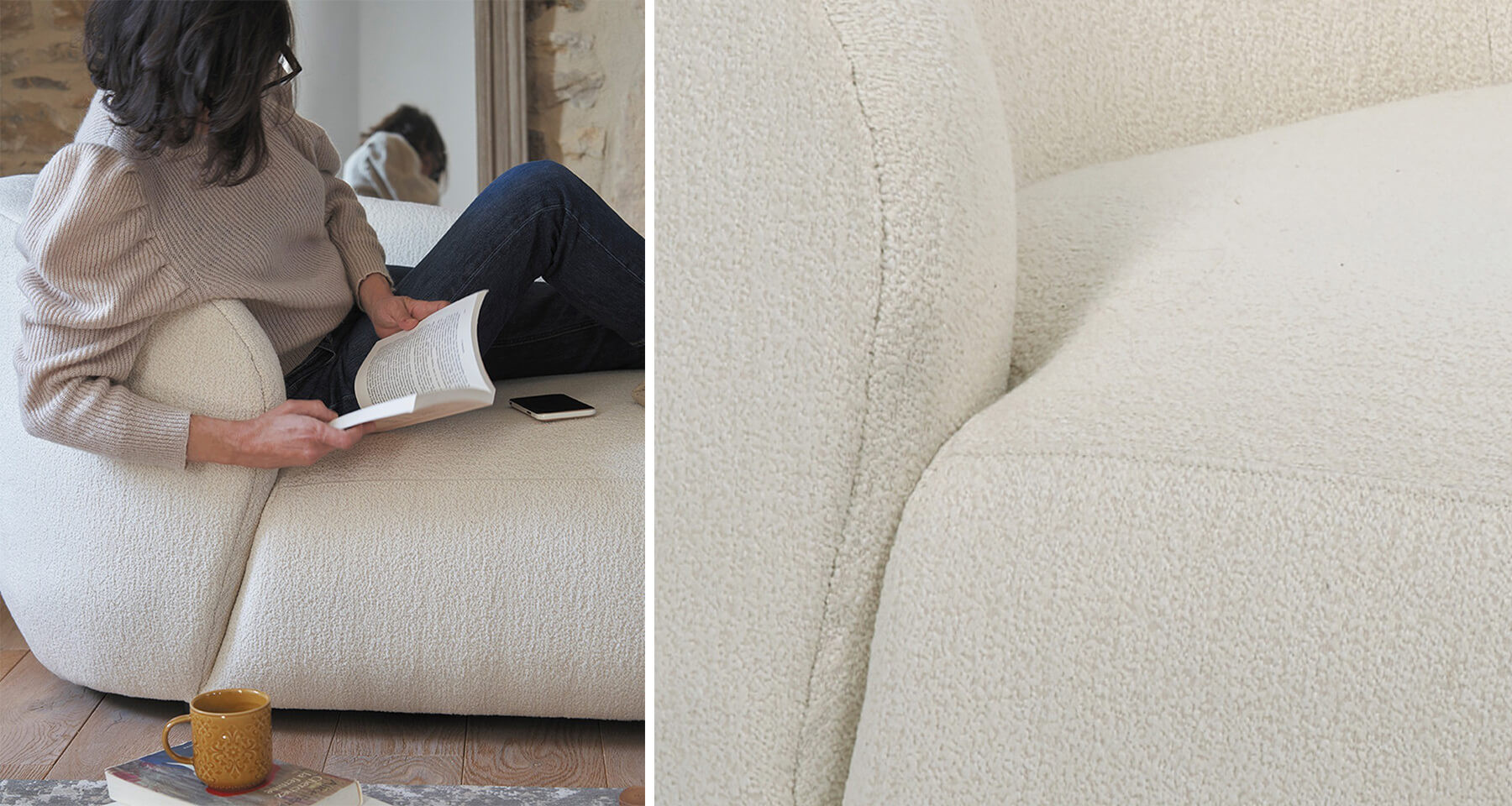 Méridienne avec tissu à bouclettes couleur crème Lisette